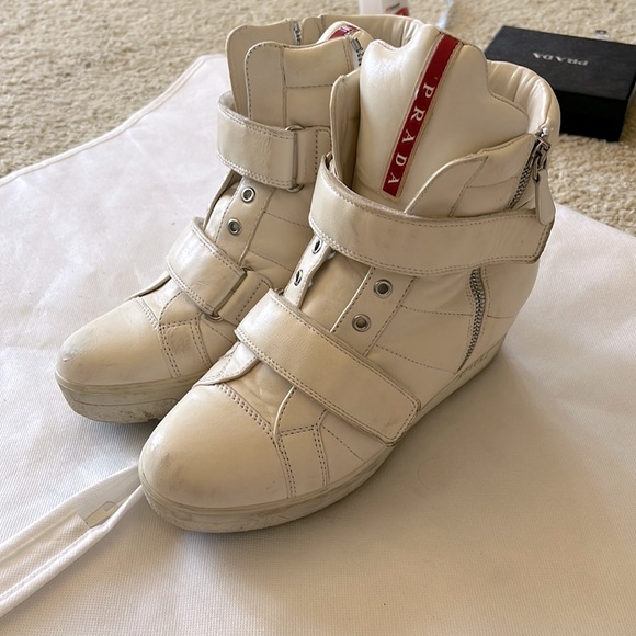 Prada | Shoes | Prada White Wedge Sneakers | Poshmark